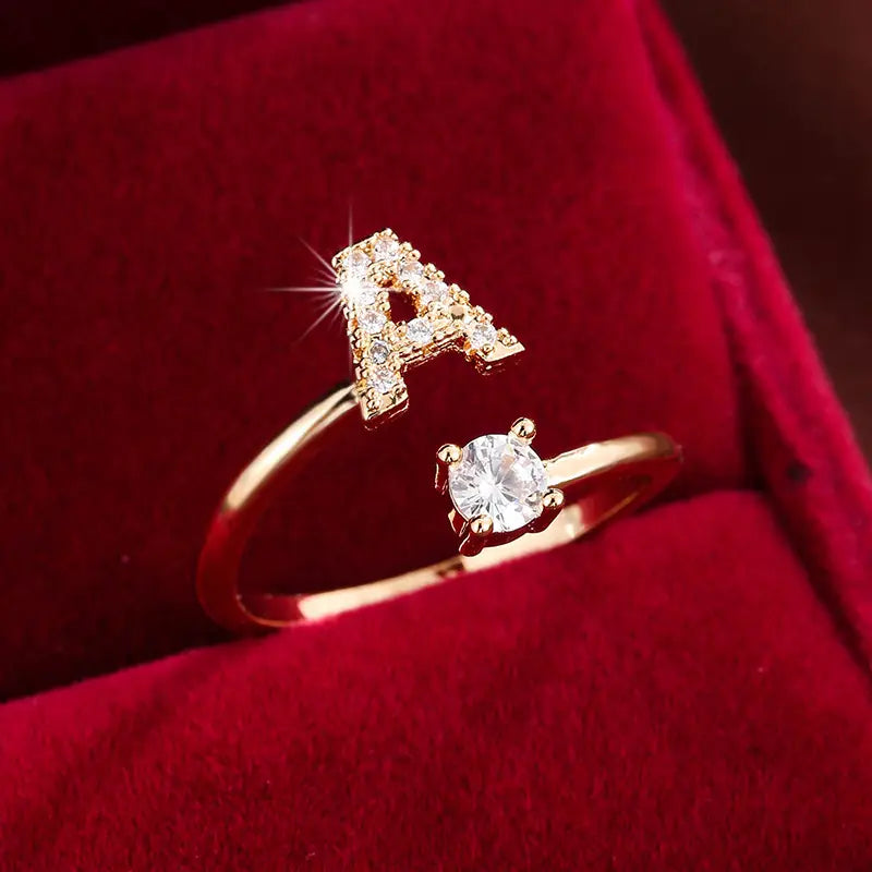 Gold Initial Ring with Zircon – Adjustable Letter Ring